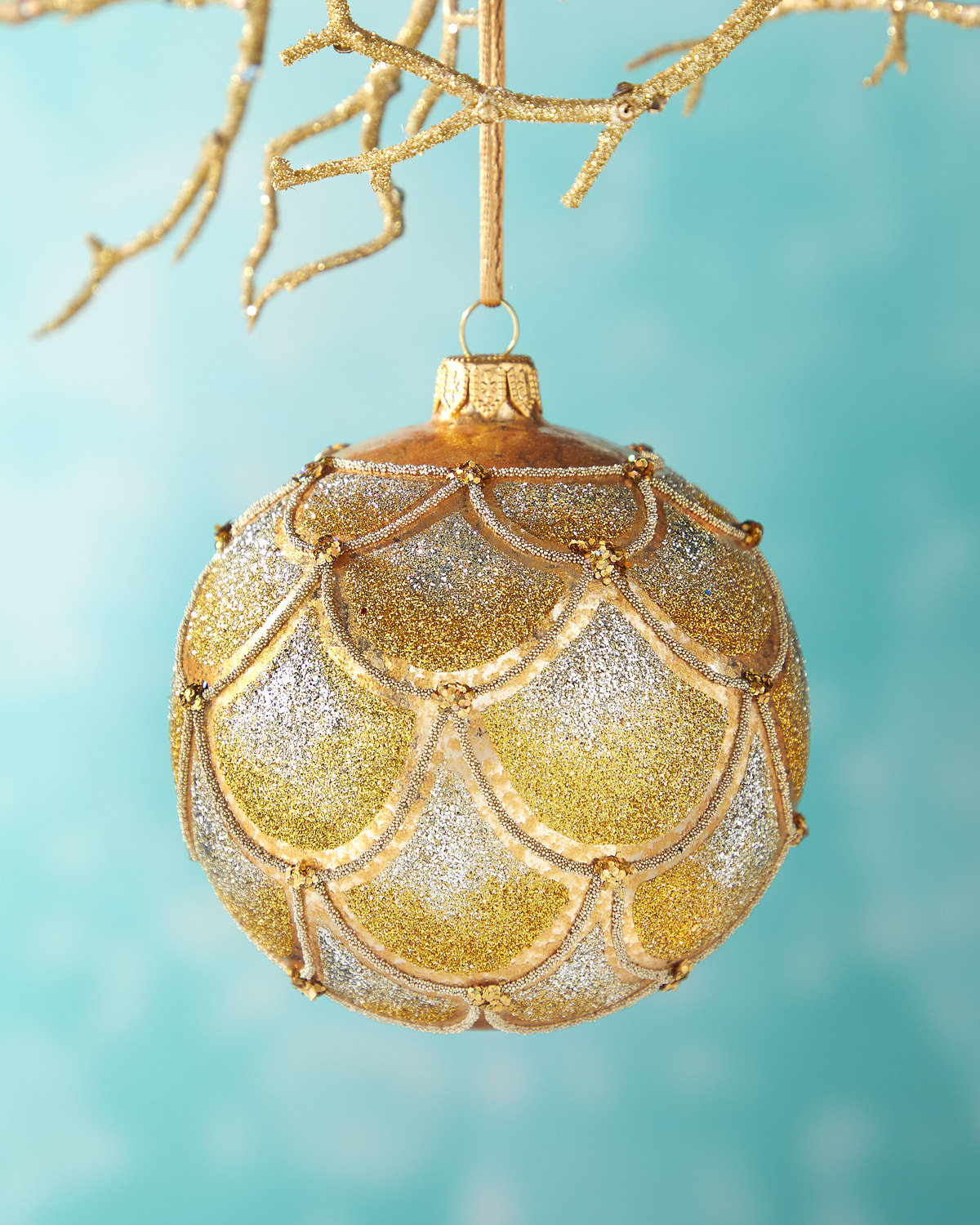 Gold Ball With Beaded Flower Christmas Ornament | Neiman Marcus