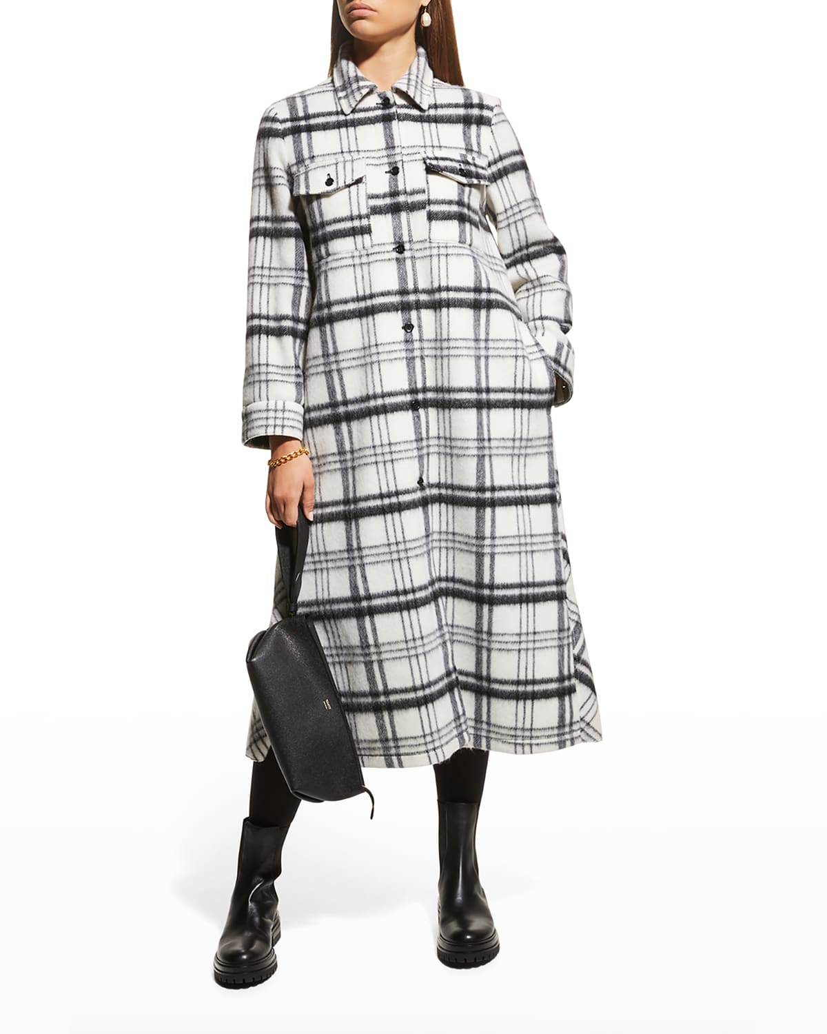 Andrew Gn Sequin-Trim Long Plaid Woven Coat | Neiman Marcus