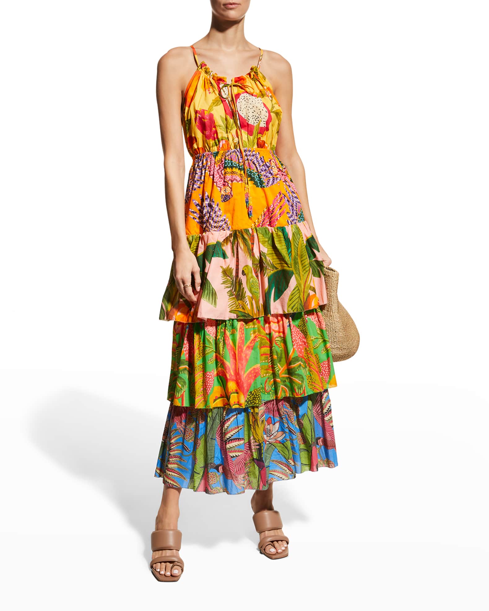 Farm Rio White Mixed Prints Tiered Maxi Dress | Neiman Marcus