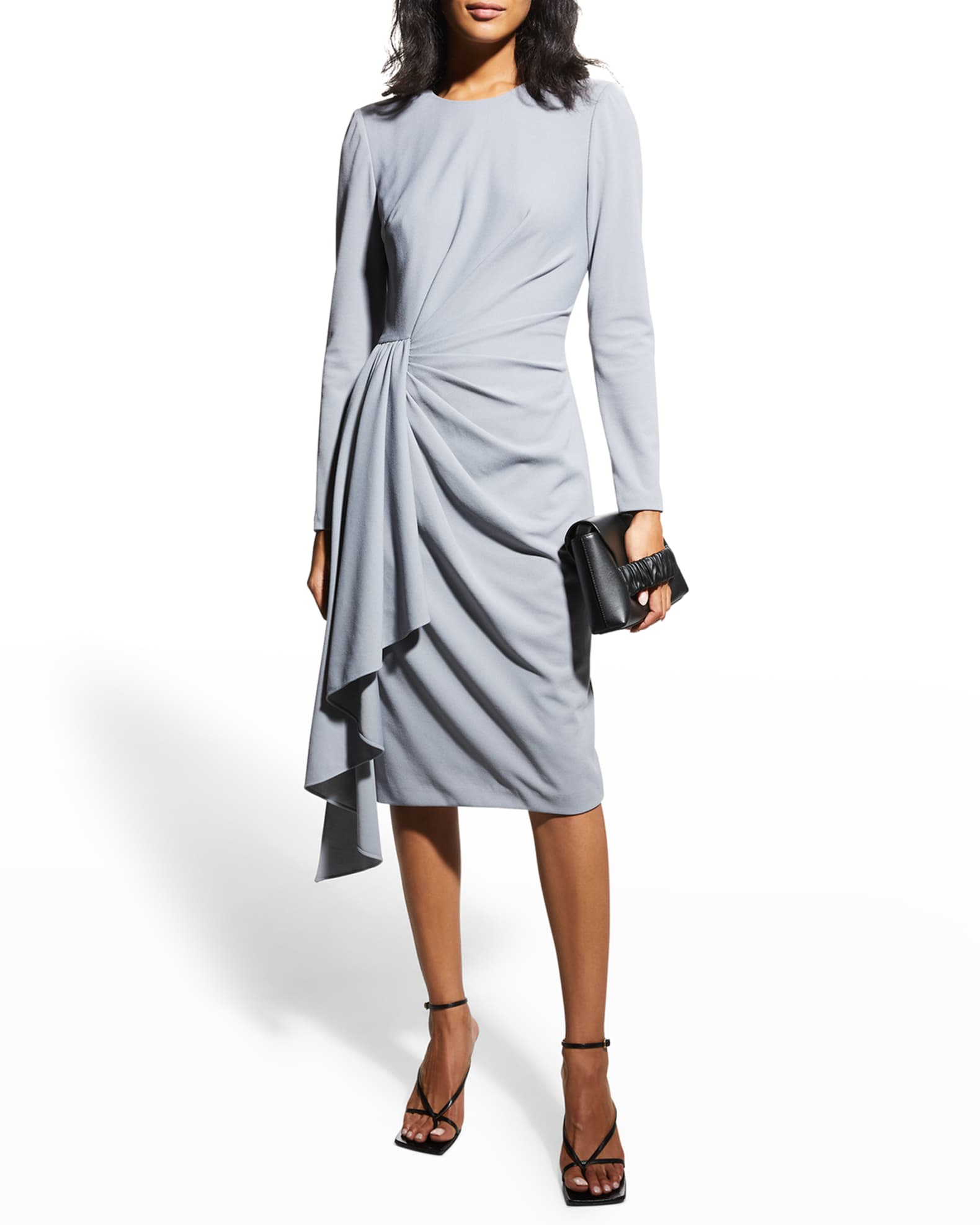 Badgley Mischka Collection Long-Sleeve Cascading Side-Draped Dress ...