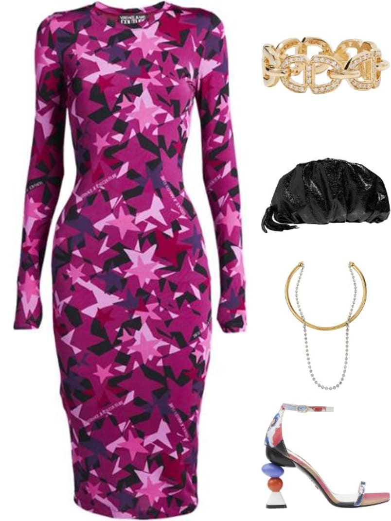 Versace Jeans Couture Star-Print Long Sleeve Midi Dress | Neiman Marcus