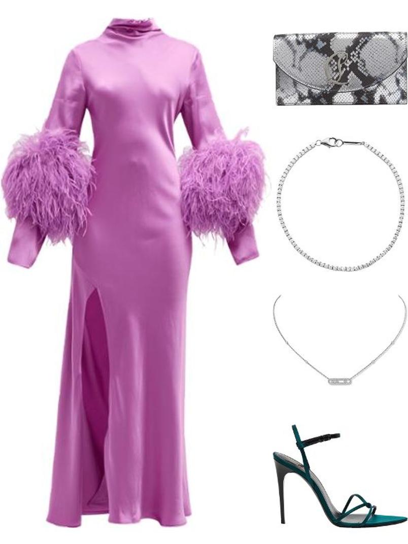 LAPOINTE Feather-Trim Thigh-Slit Satin Midi Dress | Neiman Marcus