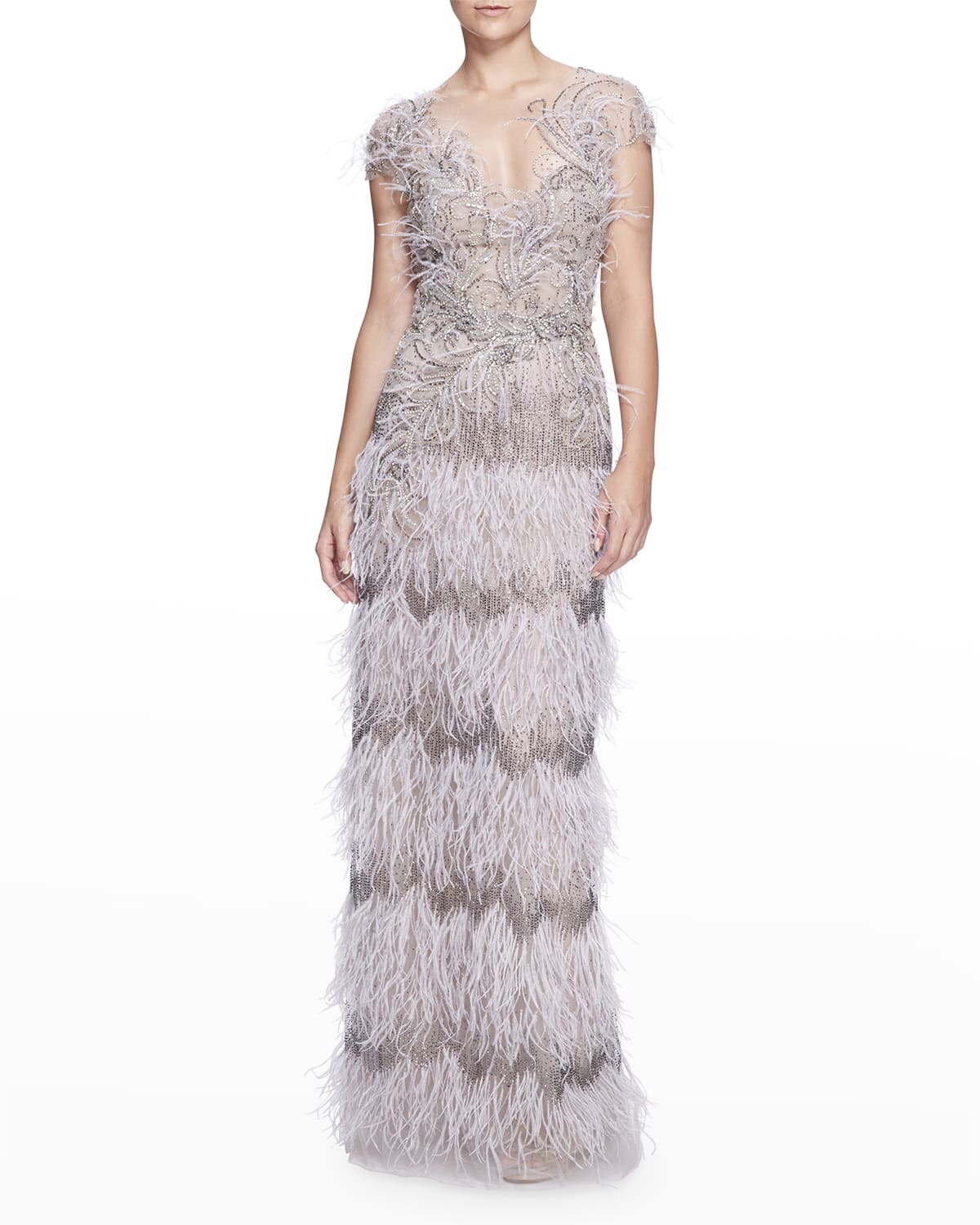 Marchesa Beaded Ostrich Feather Column Gown In Silver | ModeSens