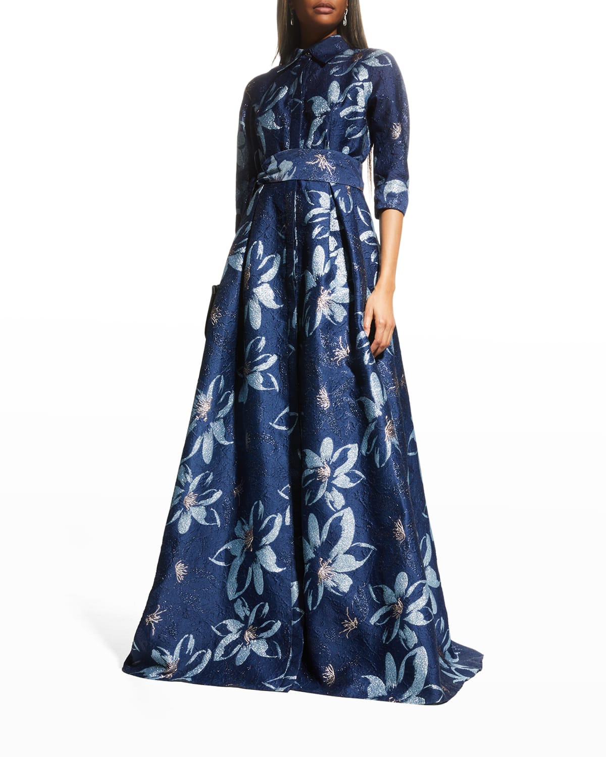 Rickie Freeman For Teri Jon Metallic Floral Jacquard Shirtdress Gown In ... Rickie Freeman For Teri Jon Metallic Floral Jacquard Shirtdress Gown In ...