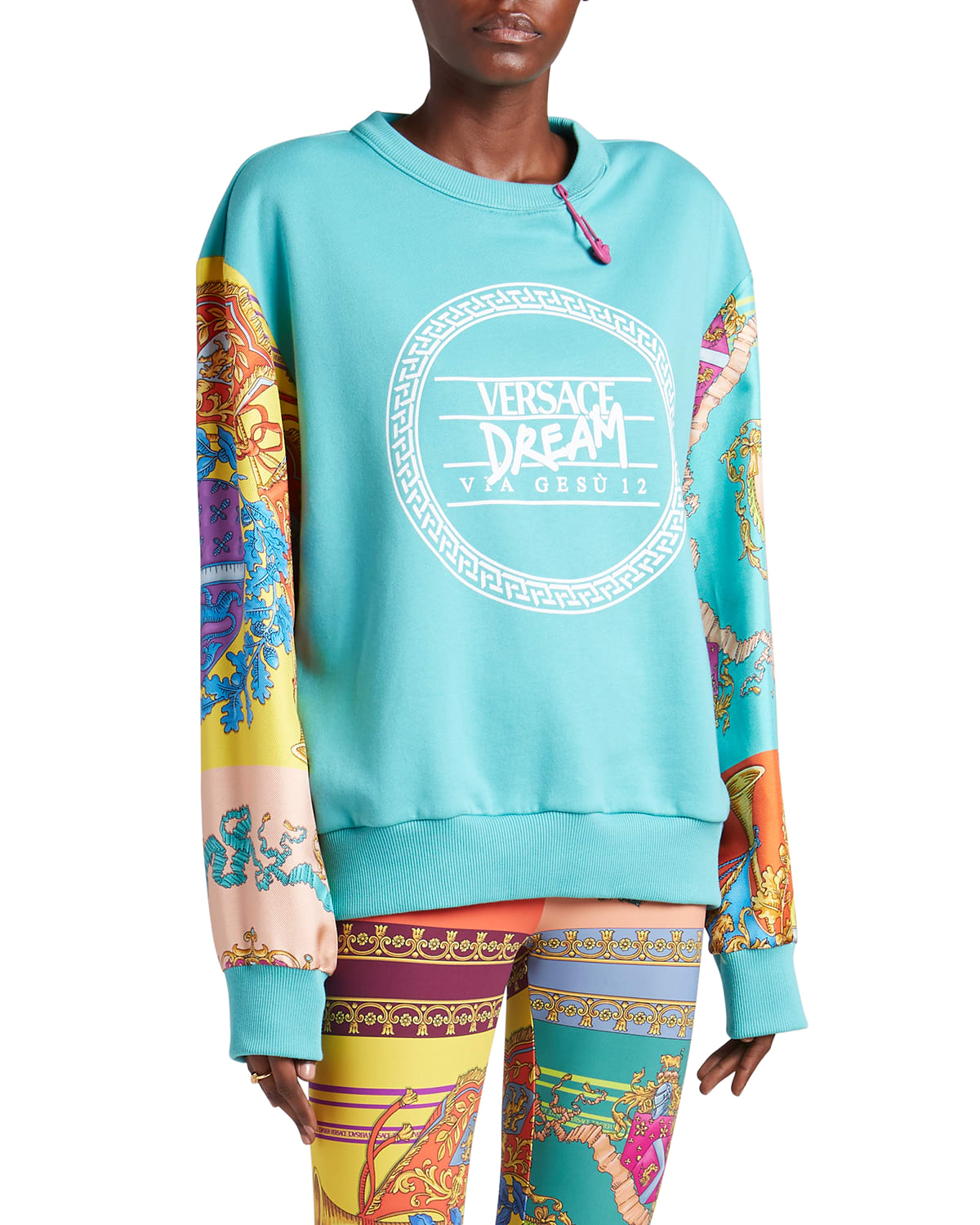Versace Dream Via Gesù Logo Mixed Media Sweatshirt In Turquoise | ModeSens