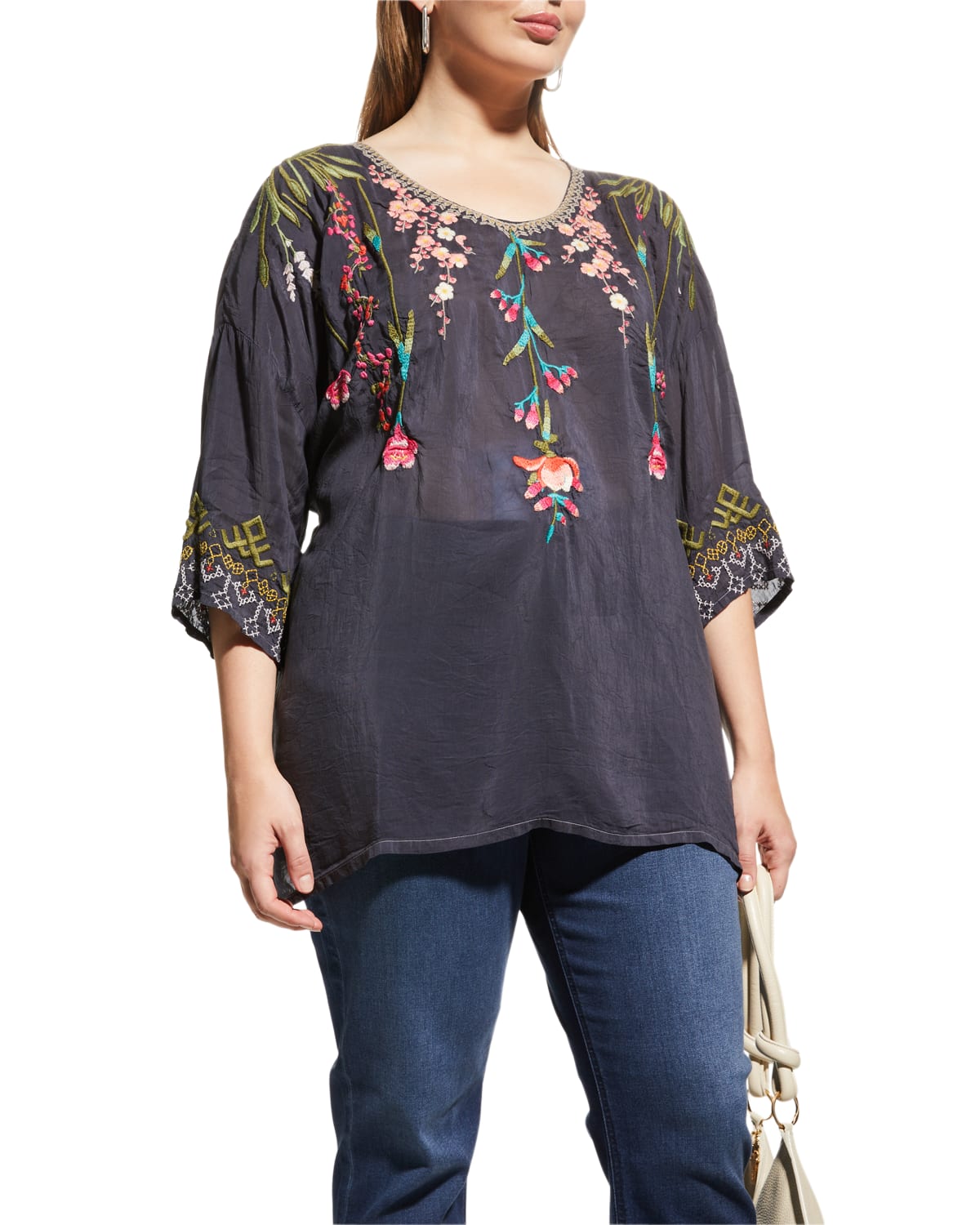 Johnny Was Plus Size Gia Embroidered Blouse In Graphite | ModeSens