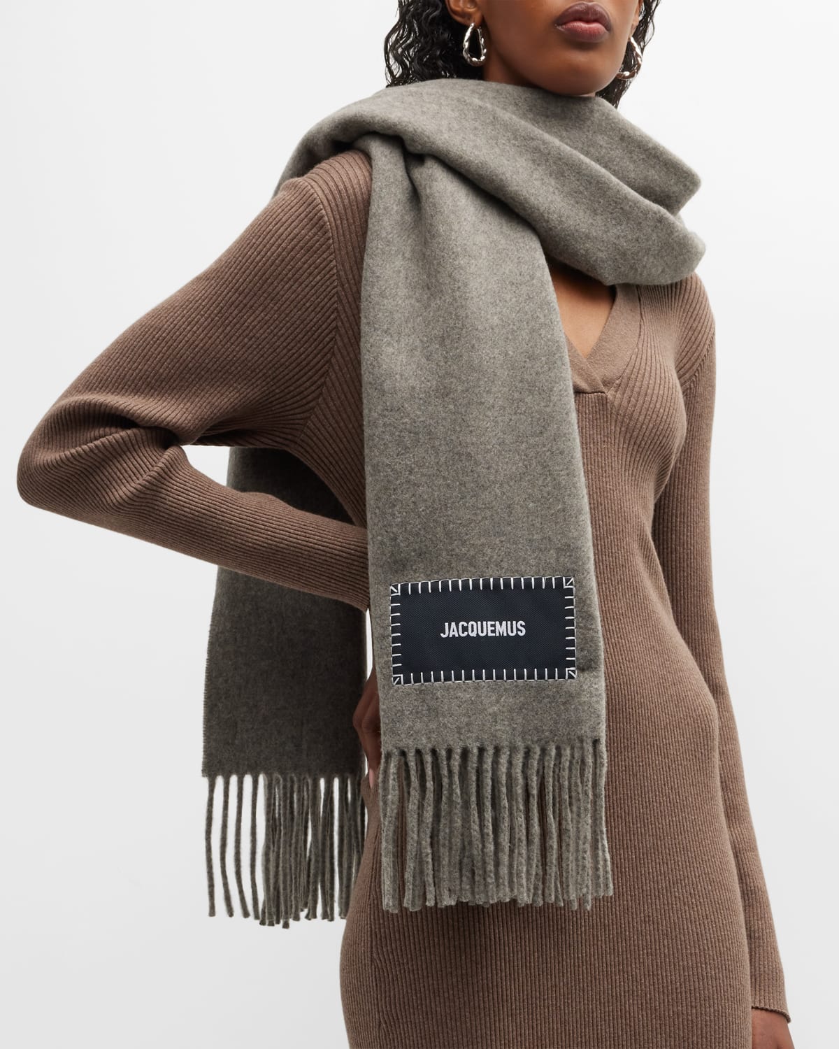 Jacquemus L Echarpe Logo Wool Fringe Scarf In Light Grey | ModeSens