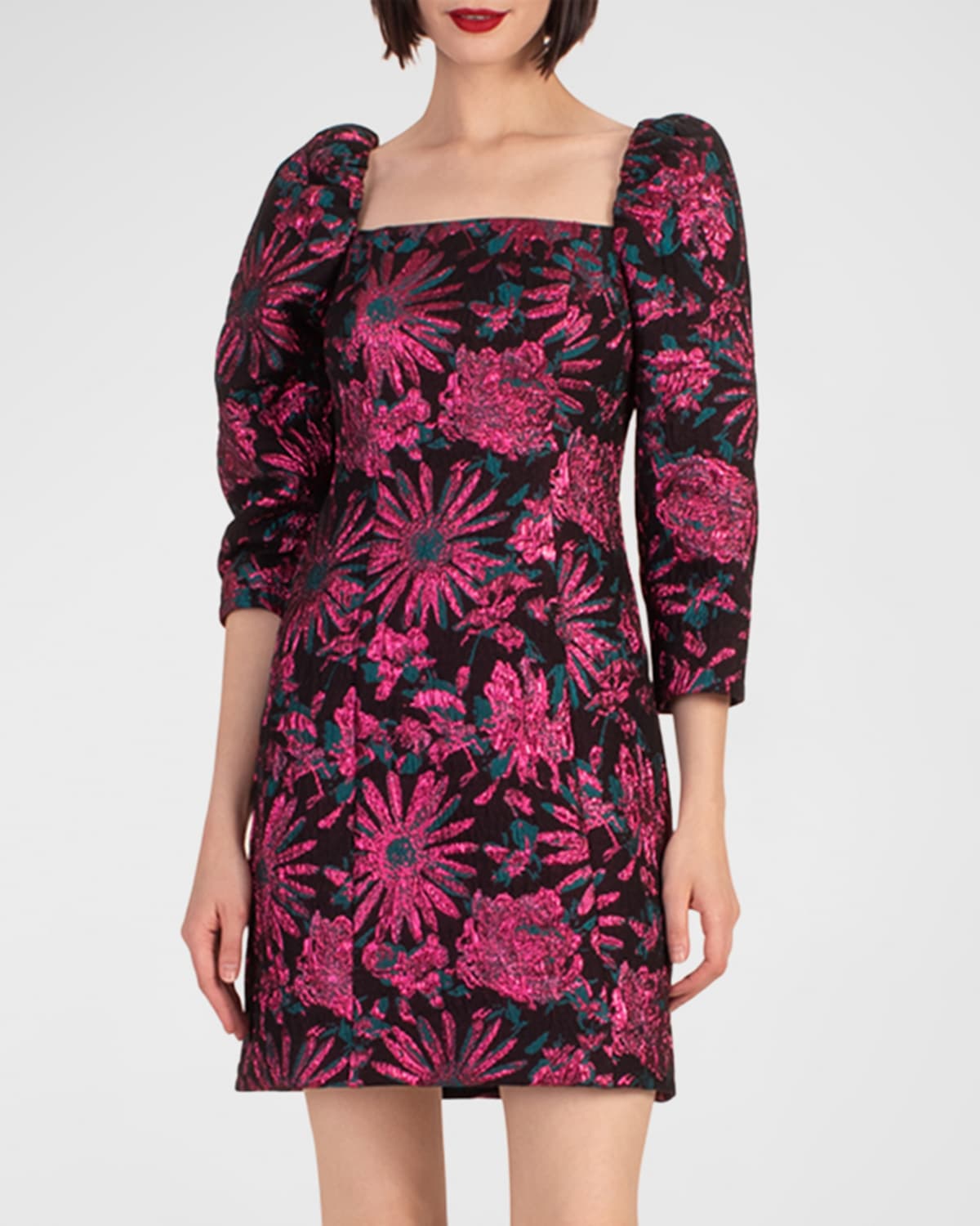 Trina Turk Cassiopeia Puff Sleeve Floral Jacquard Dress In Borealis Blue Mul Modesens