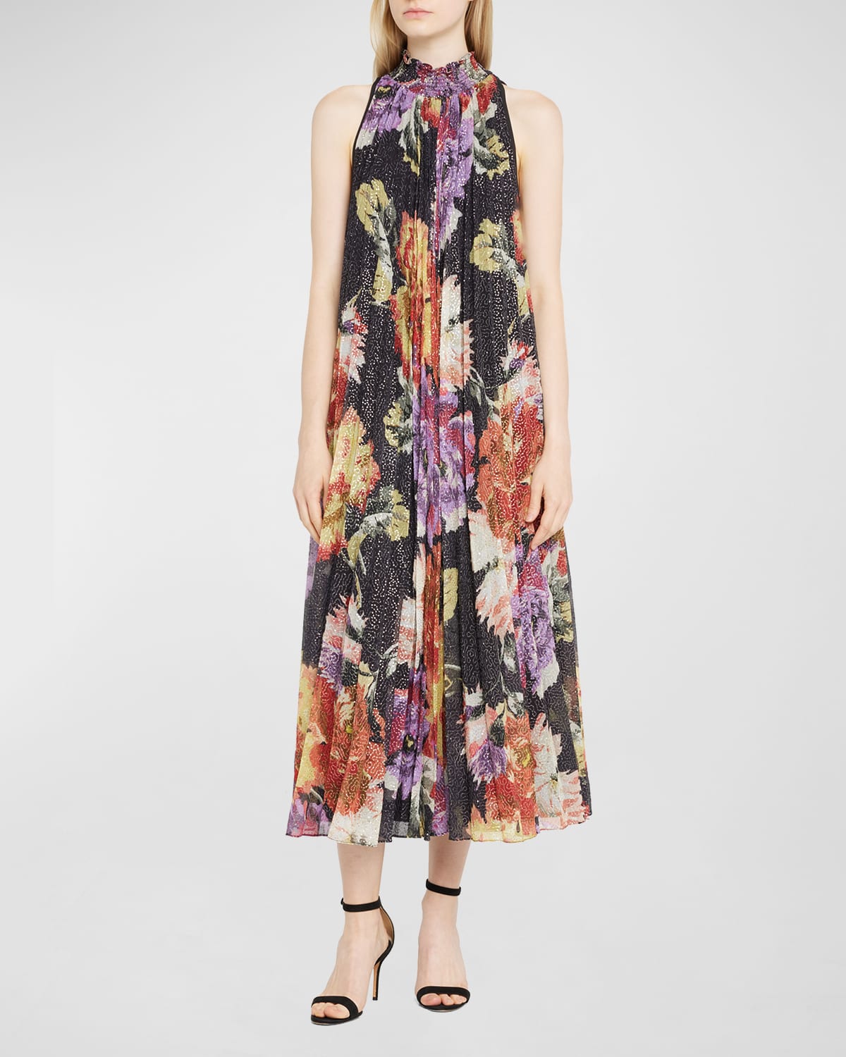 Ranna Gill Brielle Halter Sequin Georgette Pleated Maxi Dress In Gold ...