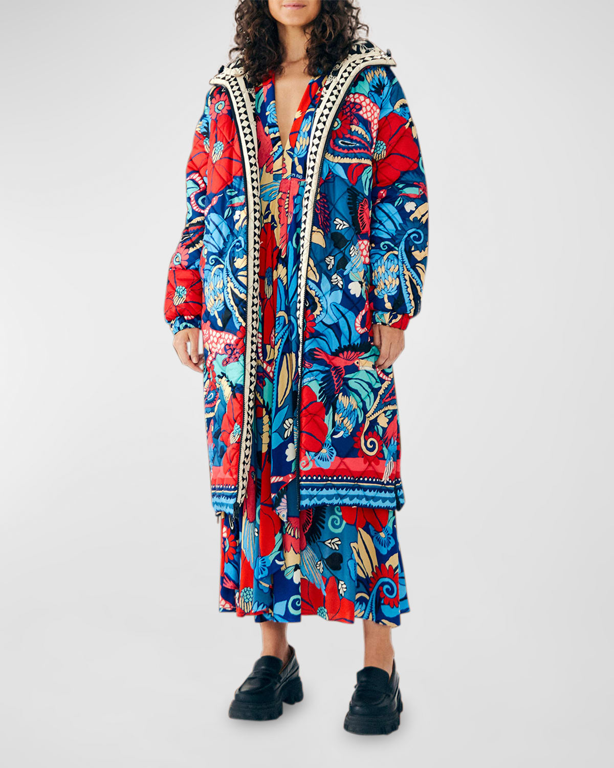 Farm Rio Graphic Floral Reversible Quilted Puffer Coat In Multi | ModeSens