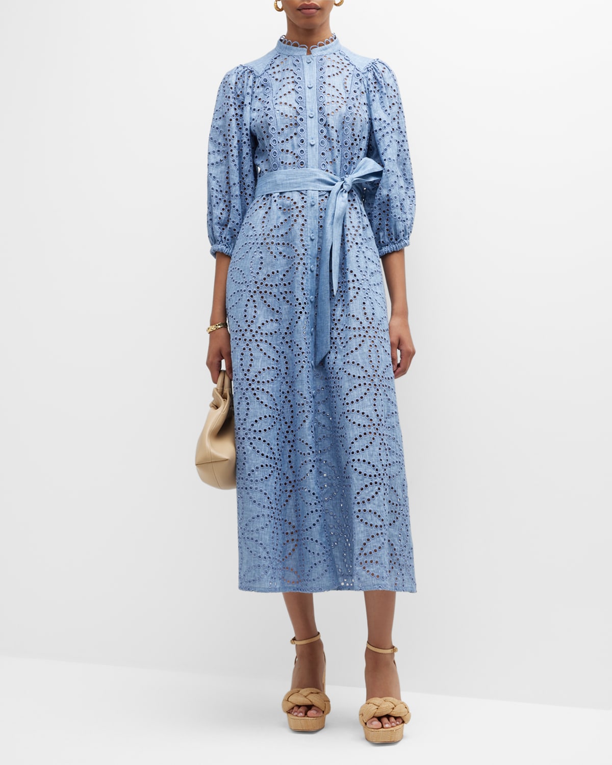 Maison Common Puff-sleeve Belted Eyelet Linen Chambray Midi Dress In ...