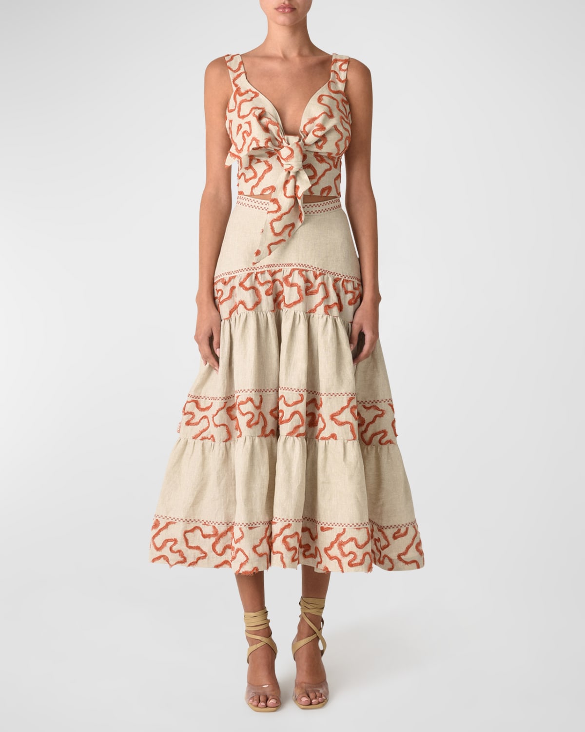 Silvia Tcherassi Verna Textured Linen Jacquard Tiered Midi Skirt In ...