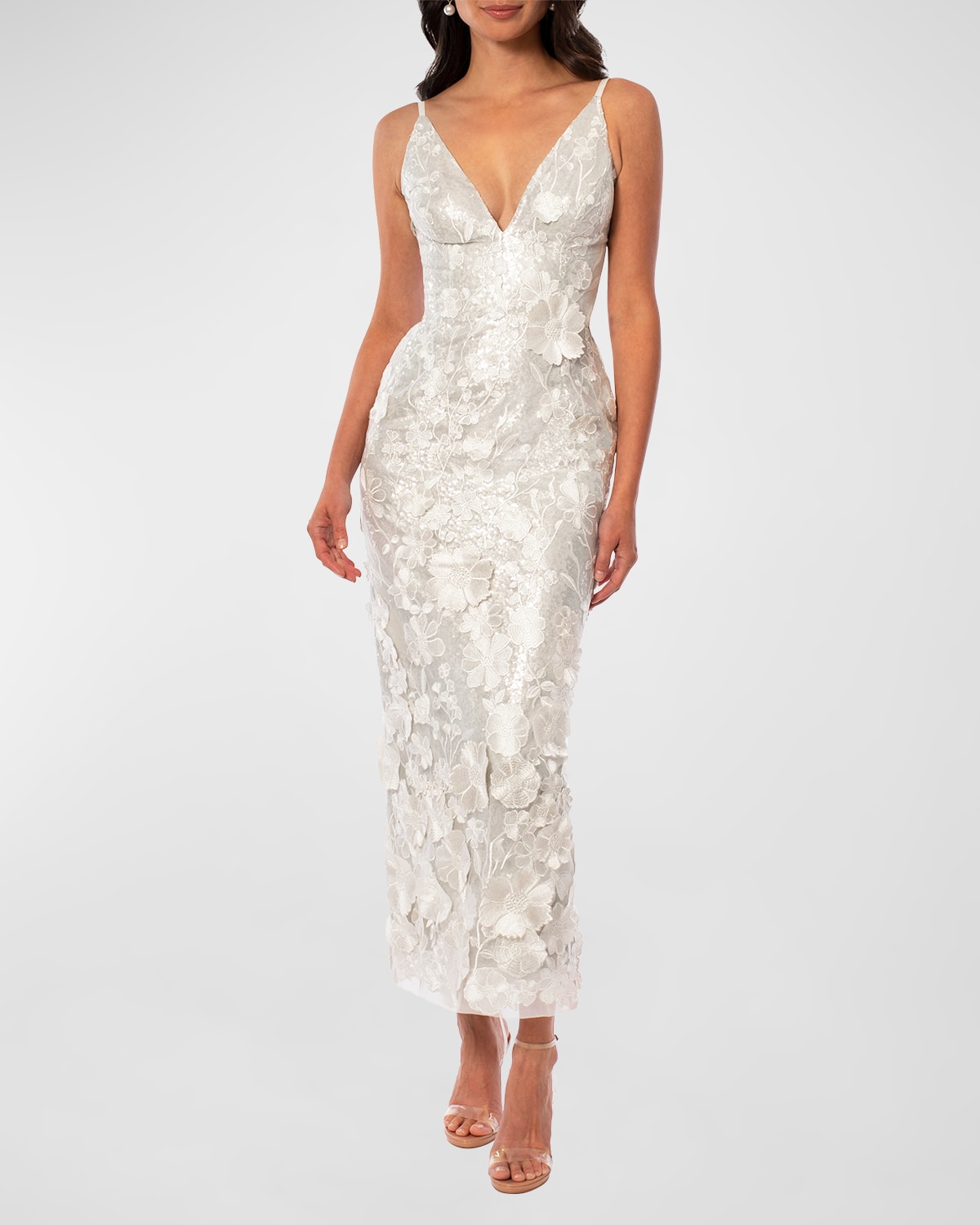 Helsi Norah Sequin Deep V-neck Applique Gown In White Silver | ModeSens