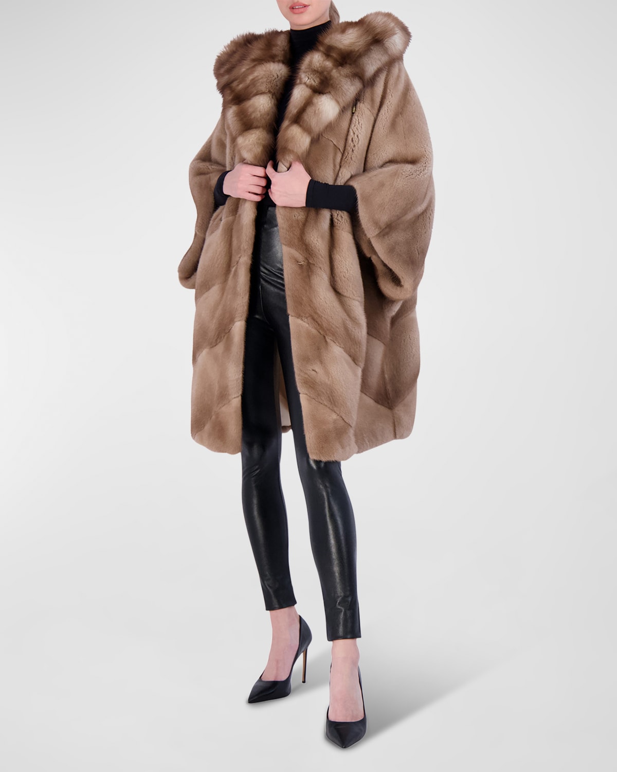 Gorski Chevron Mink Fur Jacket With Stone Marten Fur Hood In Pastel ...