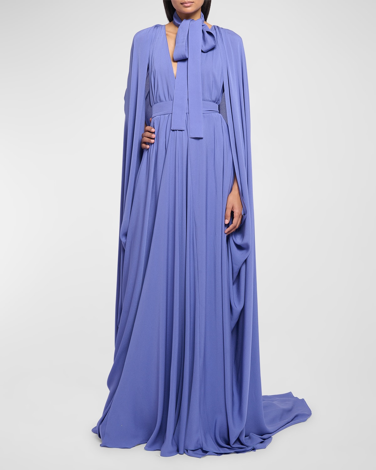 Elie Saab Plunging Georgette Cape Gown In Iris Blue | ModeSens