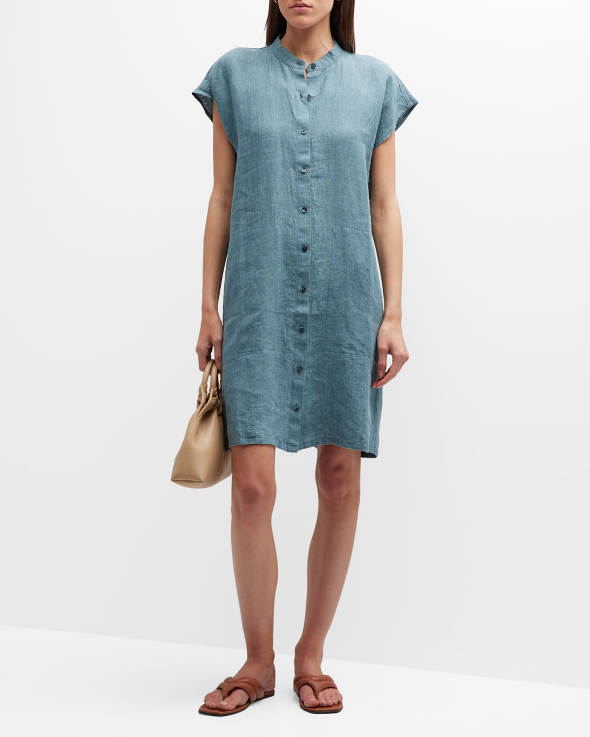 Eileen Fisher Short-sleeve Button-down Delave Linen Dress In Nile ...