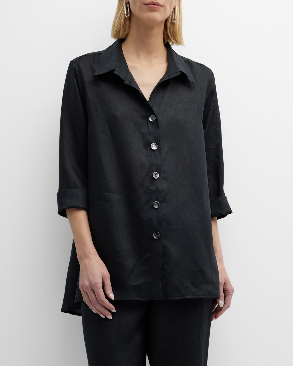 Caroline Rose Tissue Linen Flutter Shirt In Black | ModeSens