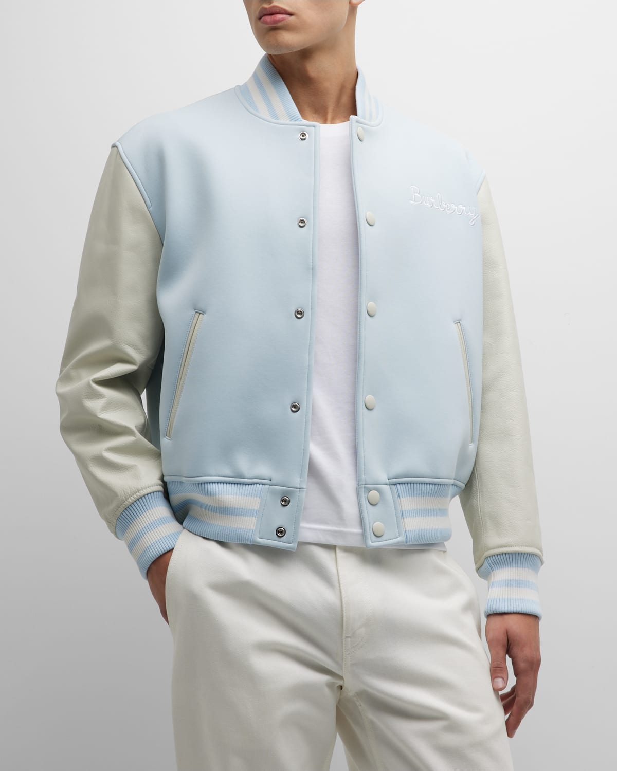 Burberry Globe-embroidery Jersey And Leather Varsity Jacket In Glacier ...