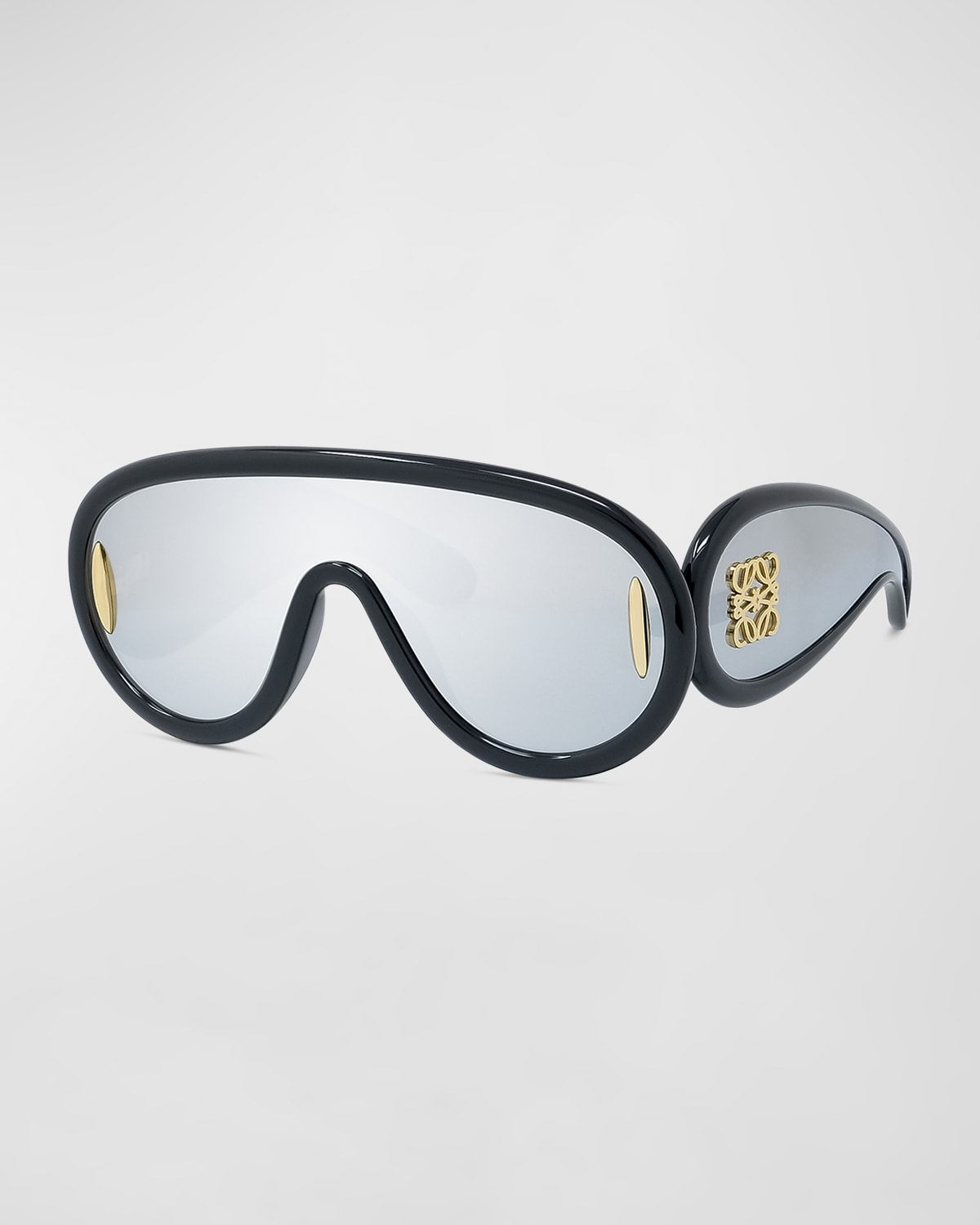 Loewe Mirror Acetate Shield Sunglasses In Shiny Black Green Modesens