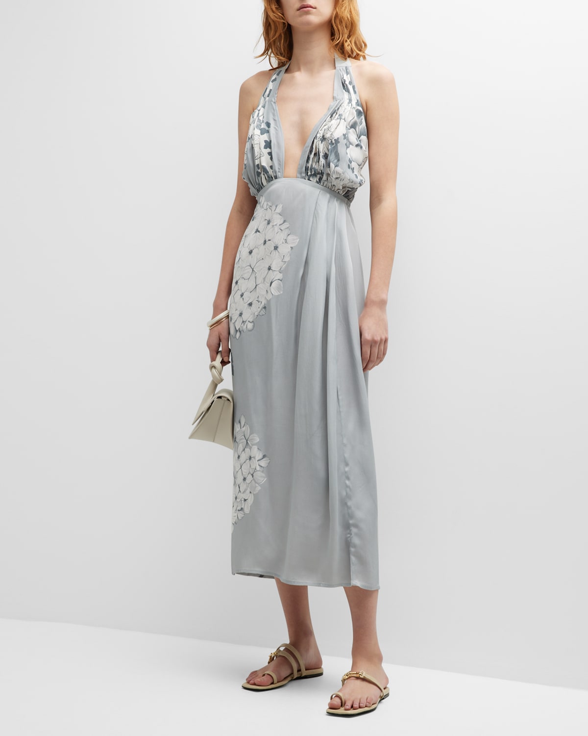 Verandah Hydrangea-print Hand-draped Halter Maxi Dress In Grey | ModeSens