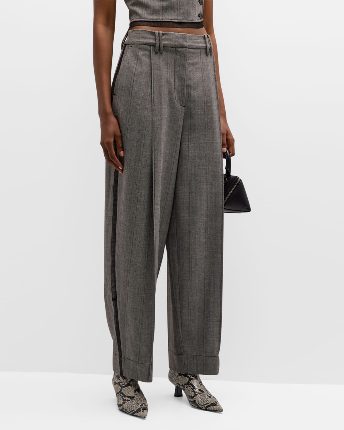 Ganni Herringbone Pleated Suiting Pants In Frost Gray | ModeSens