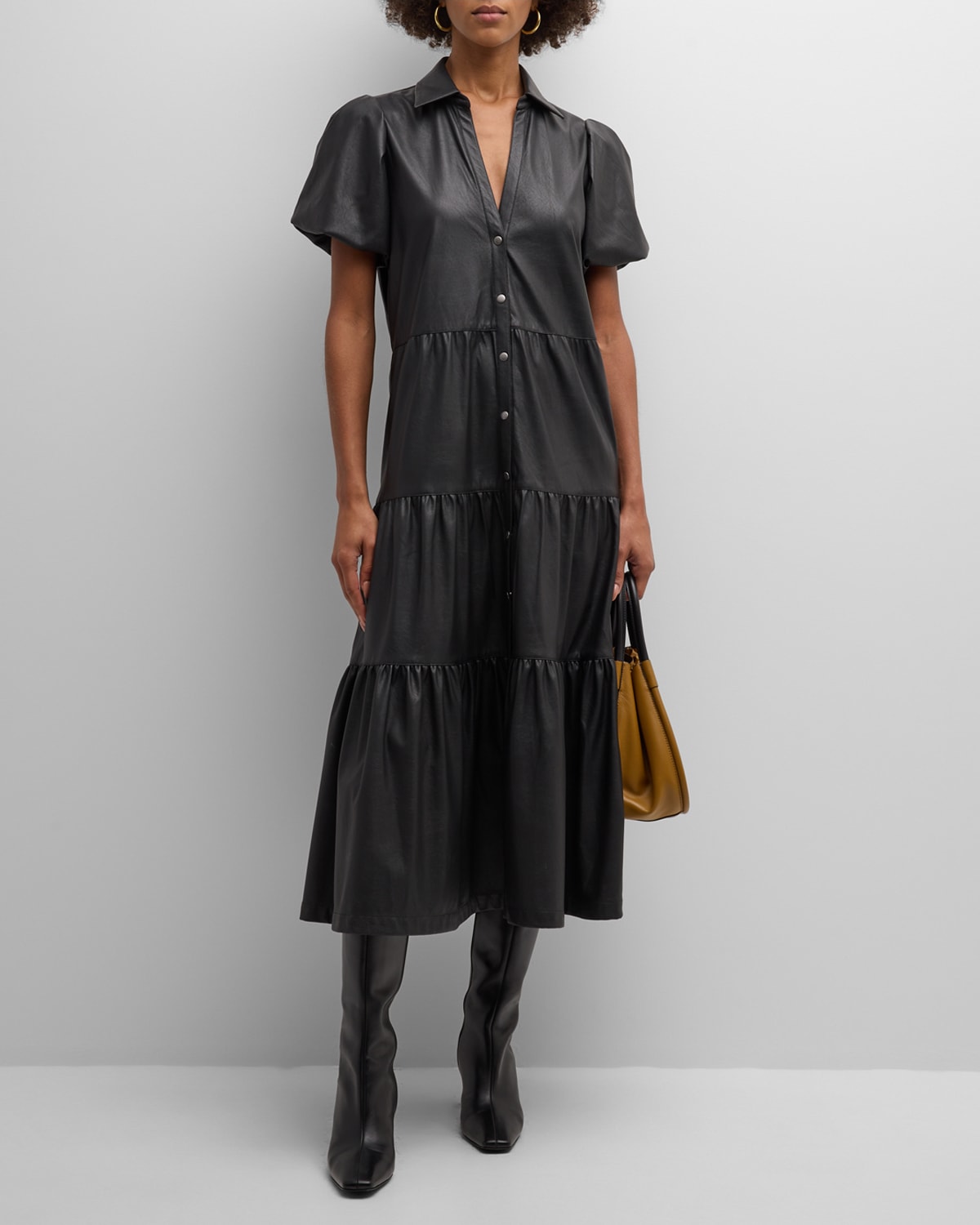 Brochu Walker Havana Tiered Vegan Leather Midi Dress In Timber | ModeSens