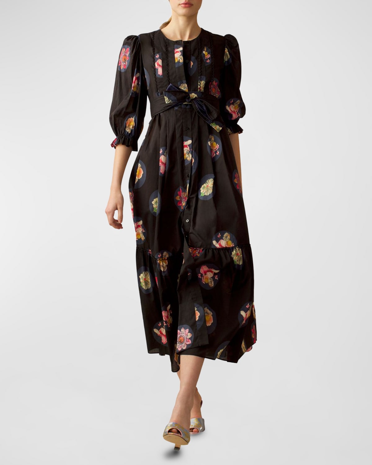 Cynthia Rowley Floral-print Puff-sleeve Midi Dress In Black | ModeSens