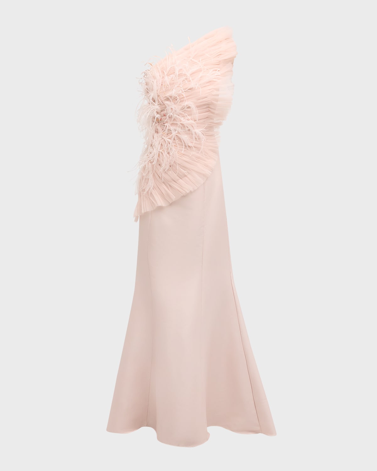 Badgley Mischka Strapless Feather-embellished Ruffle Gown In Blush ...