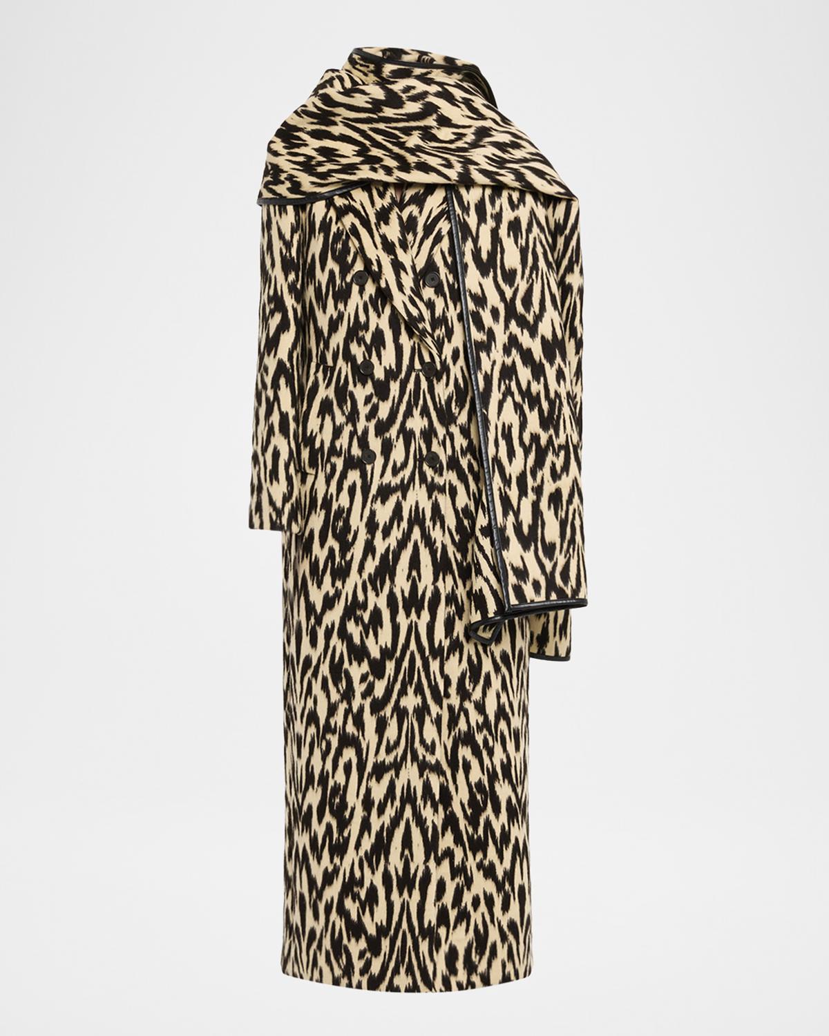 Brandon Maxwell Demi Ocelot-Print Double-Breasted Long Coat With Scarf ...