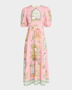 ALEMAIS Constance Floral Linen Stand-Collar Midi Shirtdress | Neiman Marcus