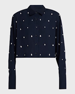 LaMarque Nellis Rhinestone-Embellished Long-Sleeve Mesh Top | Neiman Marcus