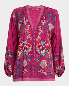 Johnny Was Evelina Metallic Floral-Print Chiffon Blouse | Neiman Marcus