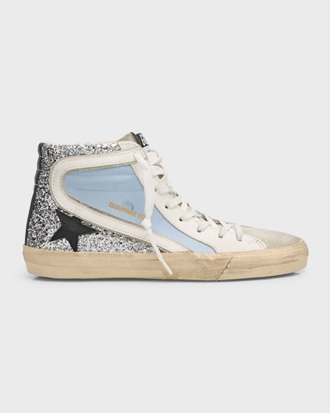 Golden Goose Slide Mid-Top Glitter Leather Sneakers | Neiman Marcus