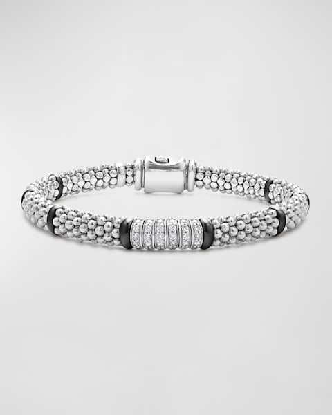 LAGOS Pavé Diamond and Sterling Silver Caviar Bead 9mm Band Ring ...