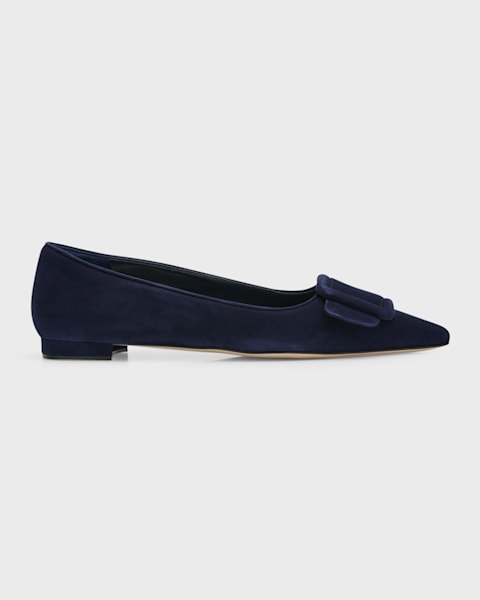 Manolo Blahnik Maysale Suede Buckle Ballerina Mules | Neiman Marcus