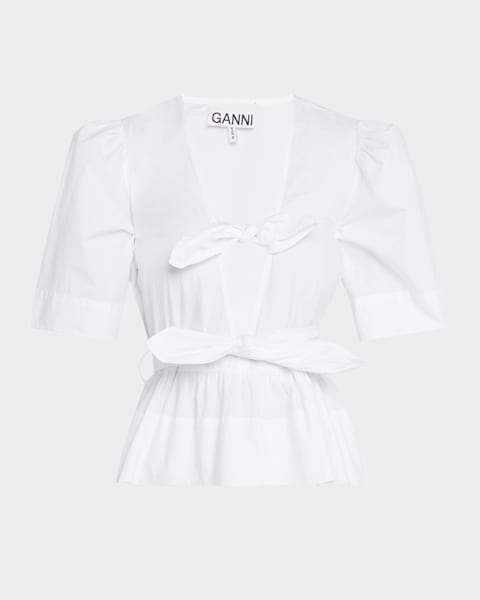 Ganni Poplin Front-Tie Peplum Blouse with Puffed-Sleeves | Neiman Marcus