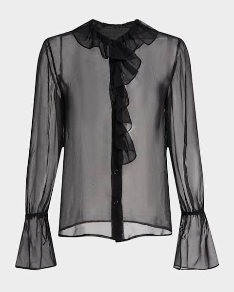 Stella McCartney Sheer Ruffled Silk Tuxedo Shirt | Neiman Marcus