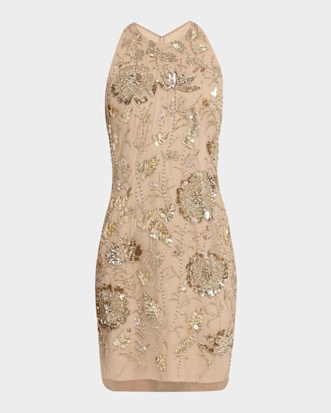 Cala de la Cruz Eli Floral Linen Long Backless Halter Dress | Neiman Marcus