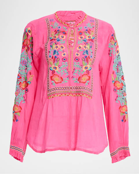 Johnny Was Elly Floral-Embroidered Linen Blouse | Neiman Marcus
