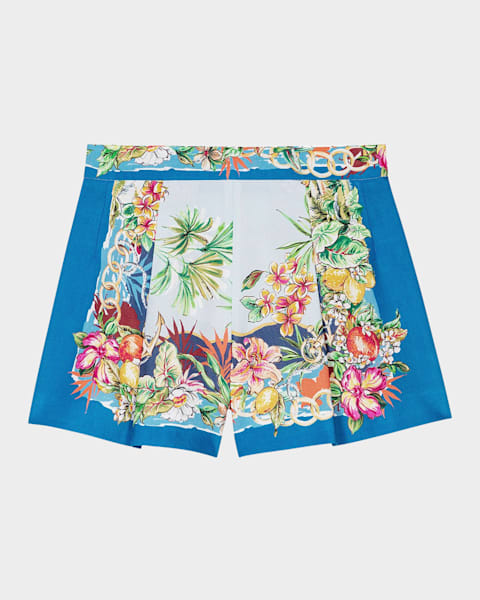 Camilla Wide Waistband Floral Linen Shorts | Neiman Marcus