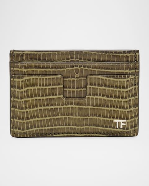 TOM FORD Men's T-Line Shiny Croc-Effect Card Holder | Neiman Marcus