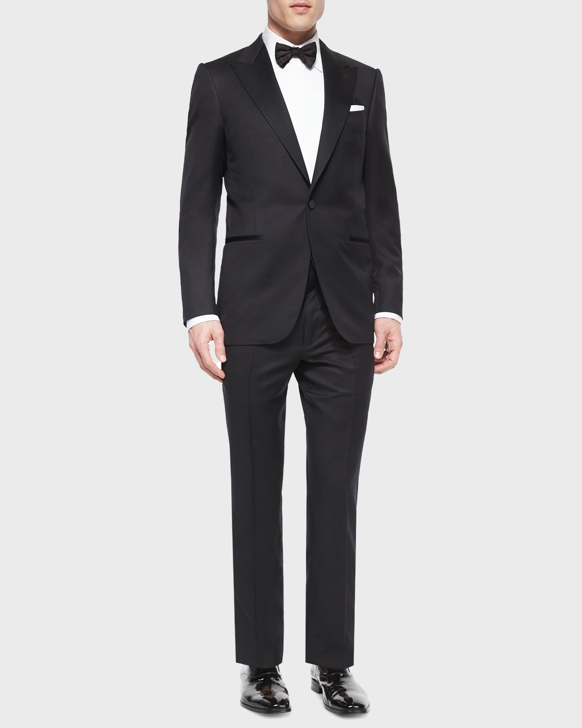 Isaia Satin Peak-Lapel One-Button Wool Tuxedo, Black | Neiman Marcus
