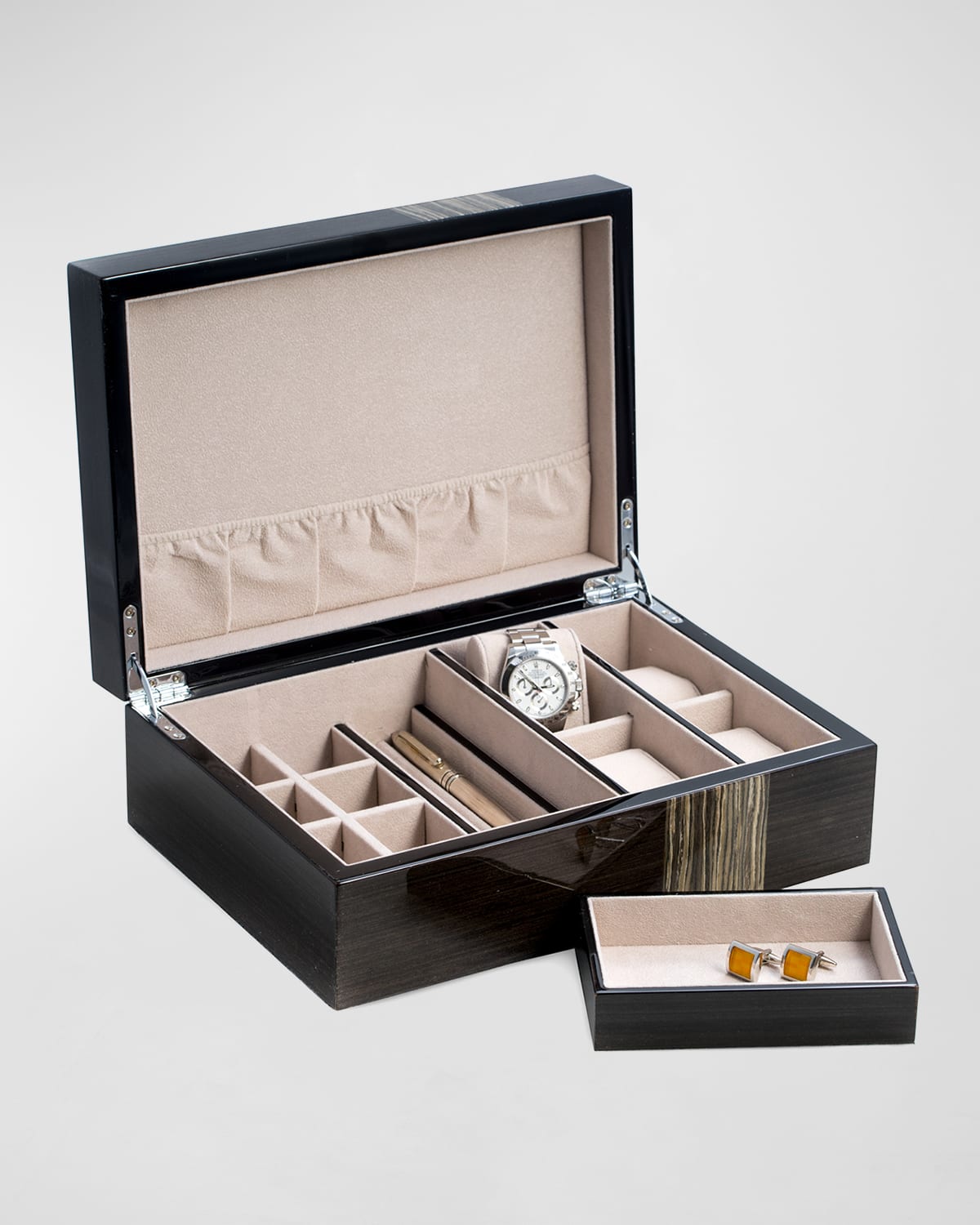 Bey-Berk Men's Lacquered Ebony Burl Wood Watch/Cufflink Valet Box ...