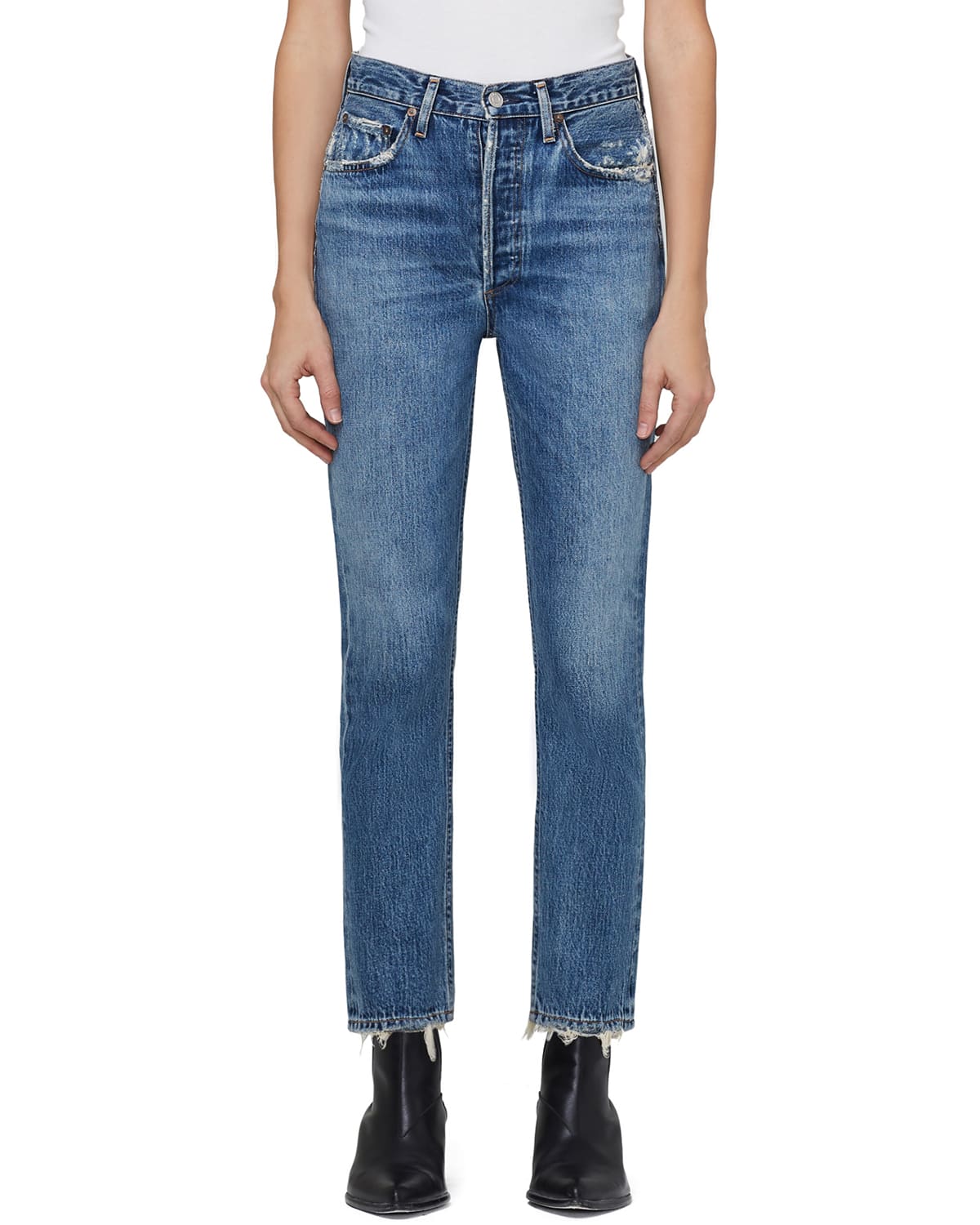 AGOLDE Riley High-Rise Straight Crop Stagger Jeans | Neiman Marcus