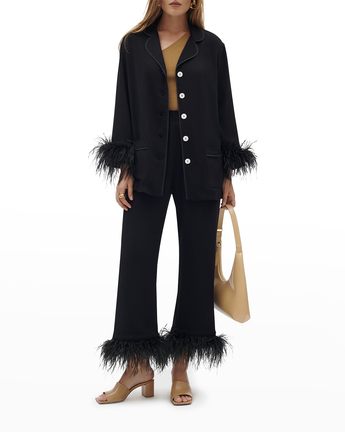 Sleeper Party Cropped Feather-Trim Pajama Set | Neiman Marcus