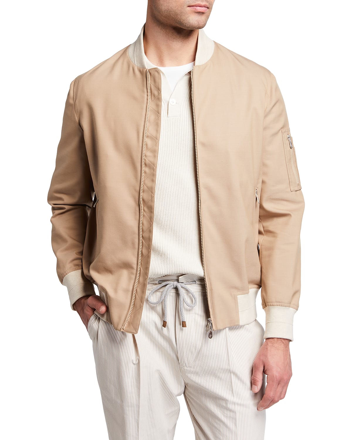 Brunello Cucinelli Men's Linen Full-Zip Bomber Jacket | Neiman Marcus