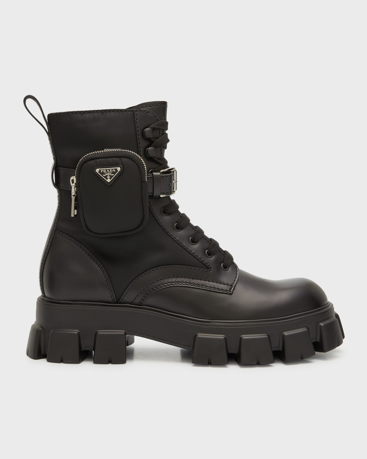 Prada Men's Nylon & Leather Triangle Logo Combat Boots | Neiman Marcus
