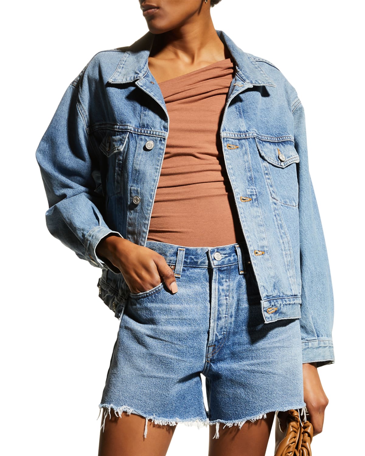 AGOLDE Charli Slightly Distressed Denim Trucker Jacket | Neiman Marcus