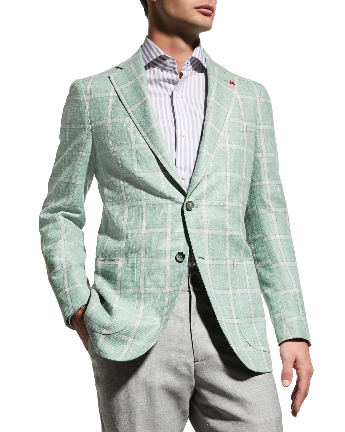 Isaia Men's Windowpane Linen-Wool Sport Jacket | Neiman Marcus