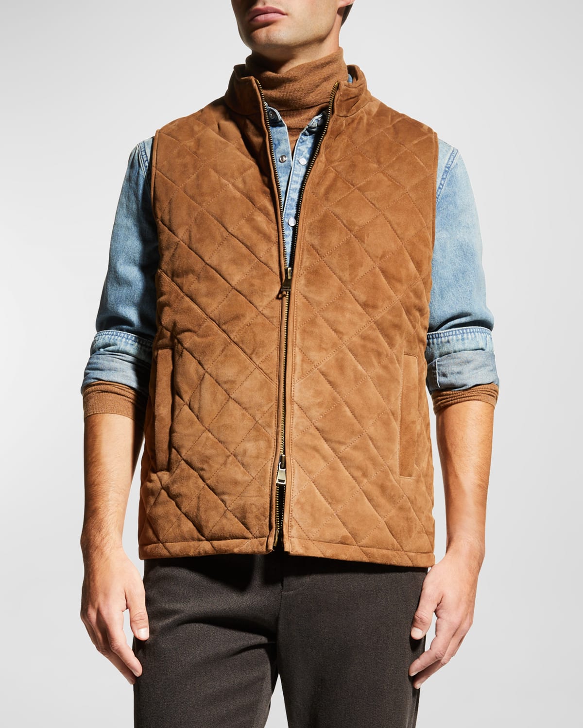 Brunello Cucinelli Men's Quilted Down Suede Vest | Neiman Marcus